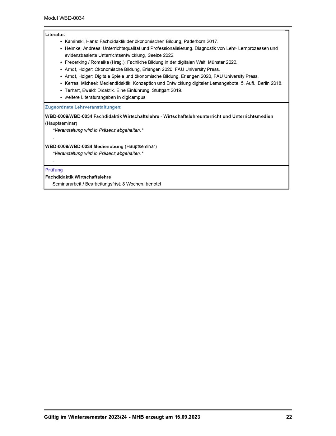Auszug Modulhandbuch Beruf und Wirtschaft LPO UA 2023